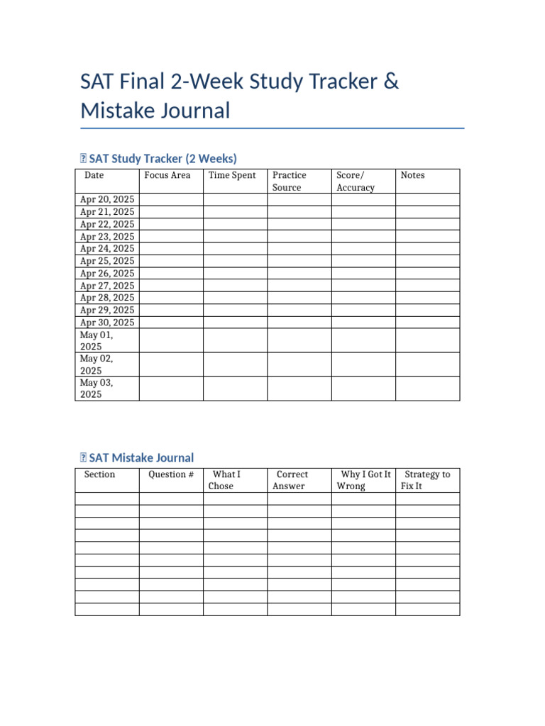 SAT Study Tracker and Mistake Journal | PDF