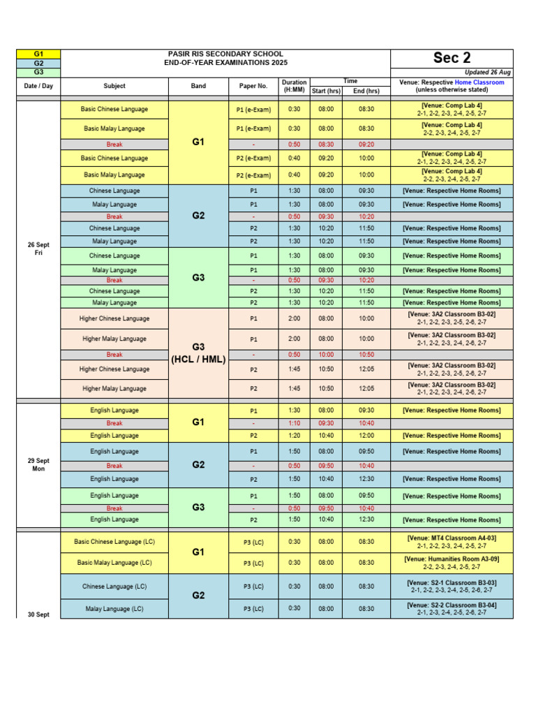 2025 S2 EYE Timetable (26 Aug Final) | PDF