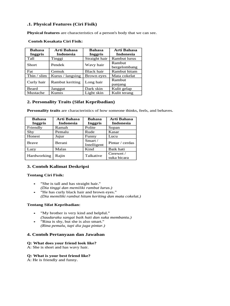 Physical Features & Personality Traits Guide | PDF