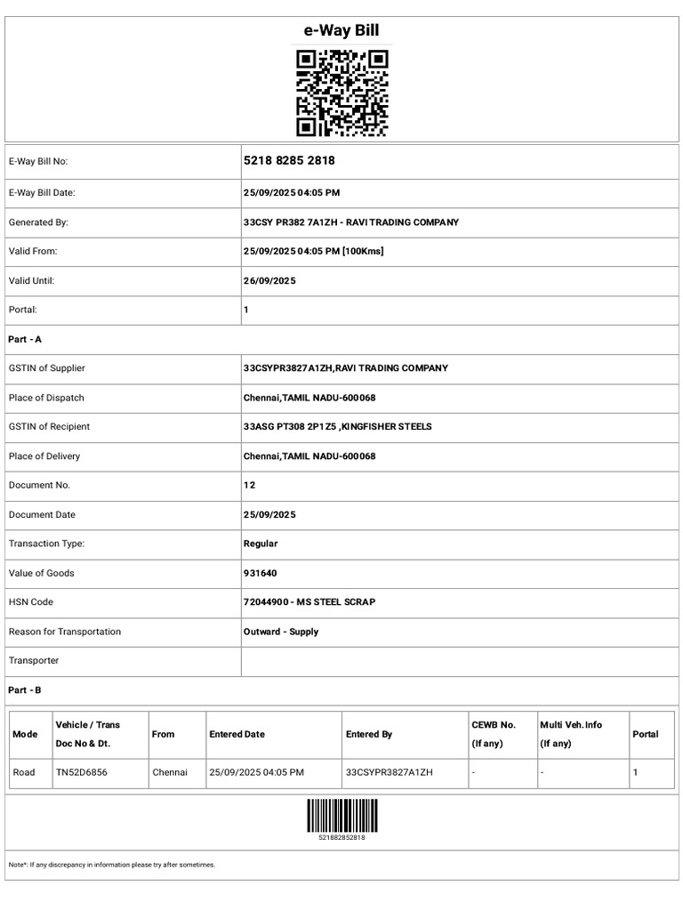 E-Way Bill for Steel Scrap Transport | PDF