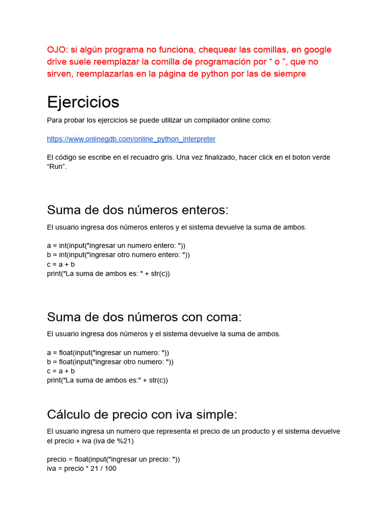 (Ejercicios) Primeros Ejercicios en Python (10!02!2019) | PDF