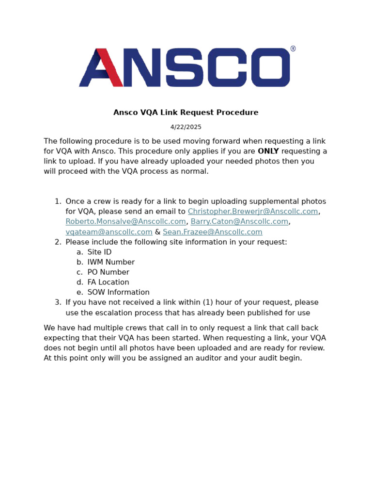 Ansco VQA Link Request Procedure | PDF