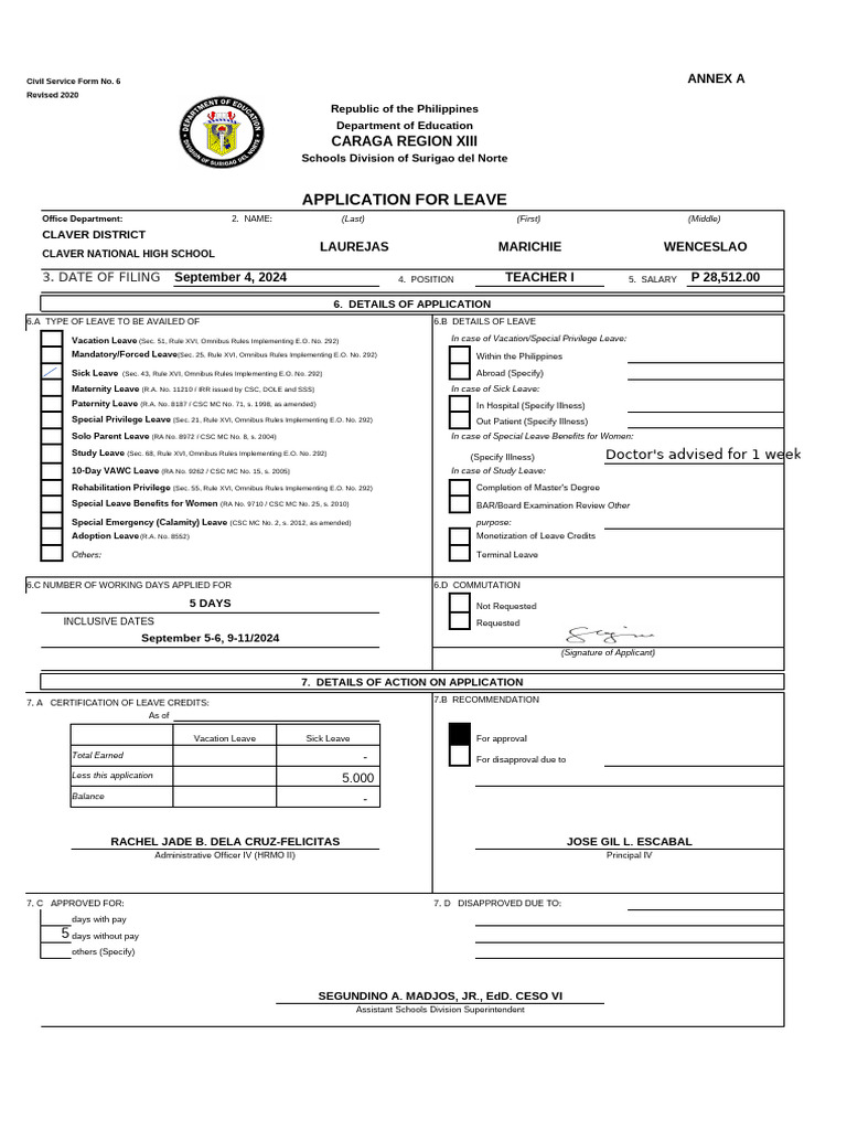 DepEd Leave Application Form 6 | PDF | Parental Leave | Sick Leave