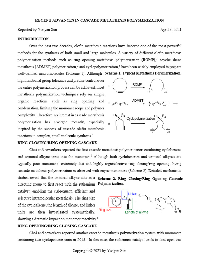 Sun, Yunyan CHEM 535 Abstract | PDF | Polymerization | Alkene