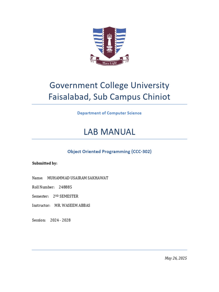 OOP Lab Manual Title Page | PDF