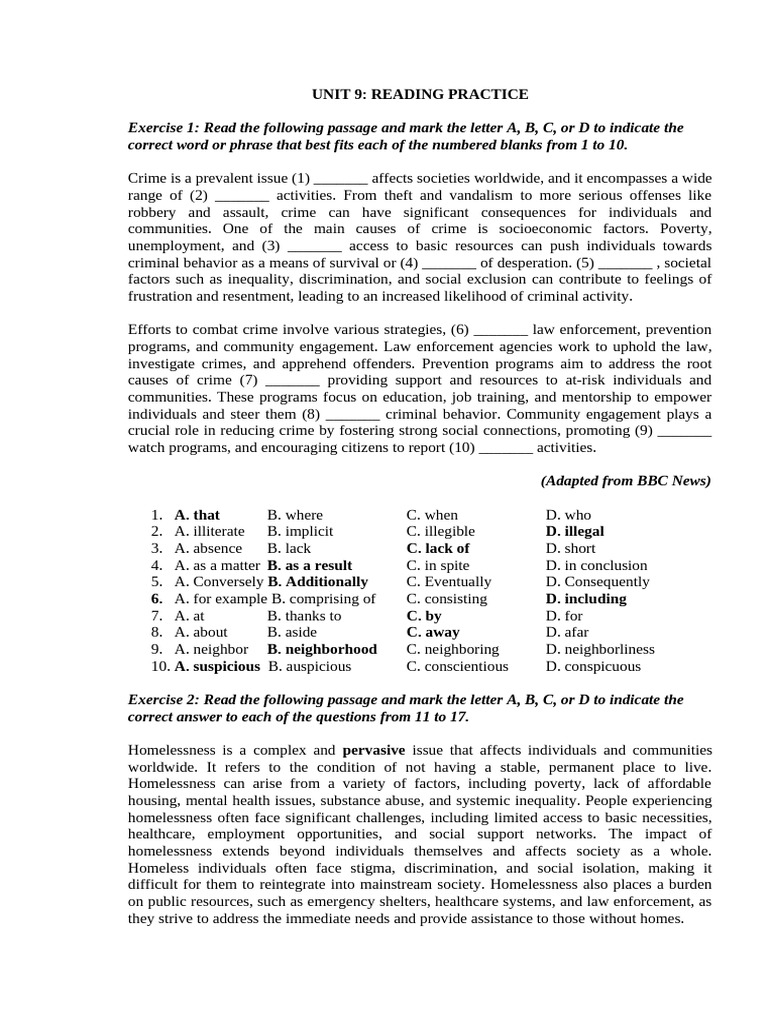 UNIT 9 - Reading Practice | PDF | Homelessness | Crimes
