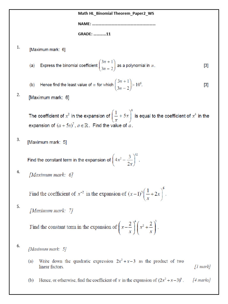 Binomial Theorem Paper 2 WS | PDF