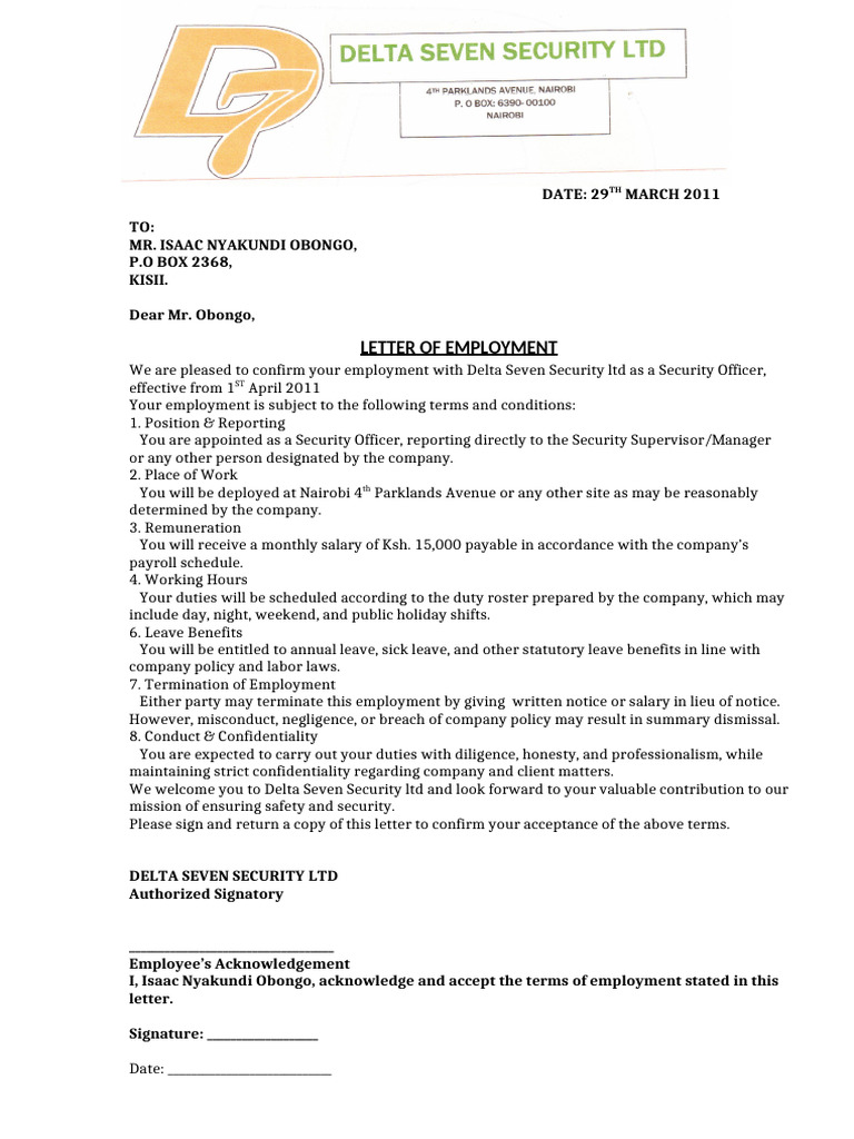 Letter of Employment Isaac Nyakundi Obongo | PDF