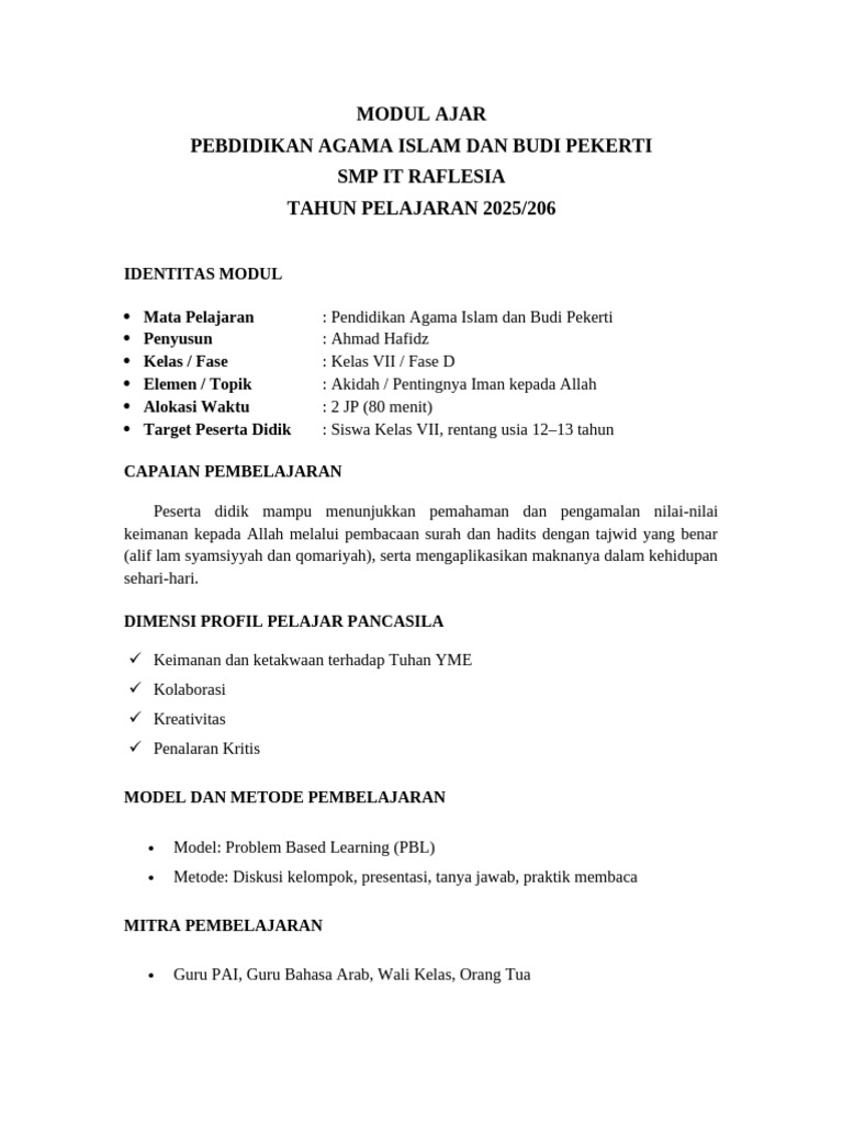 Modul Ajar PAI Kelas 7 Pertemuan Iman 1 | PDF