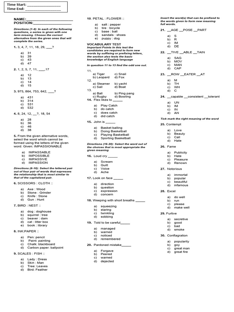 Series and Vocabulary Test Questions | PDF