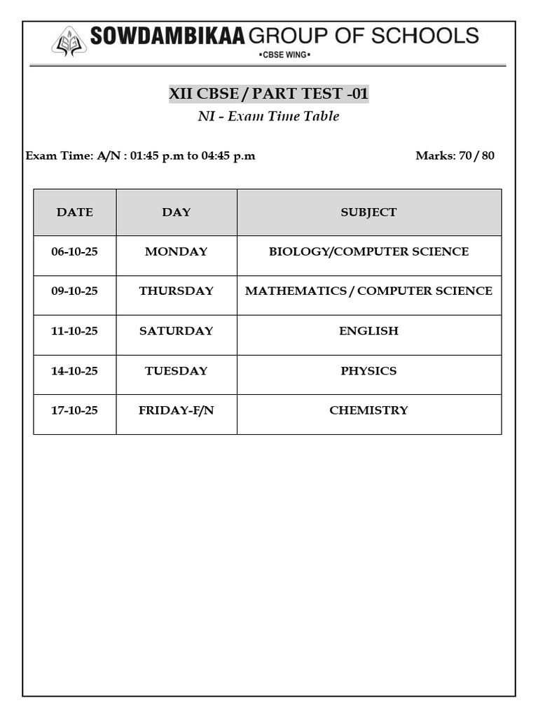 Xii - Ni - Part Test - 01 Exam Timetable & Portion | PDF | Sql | Databases