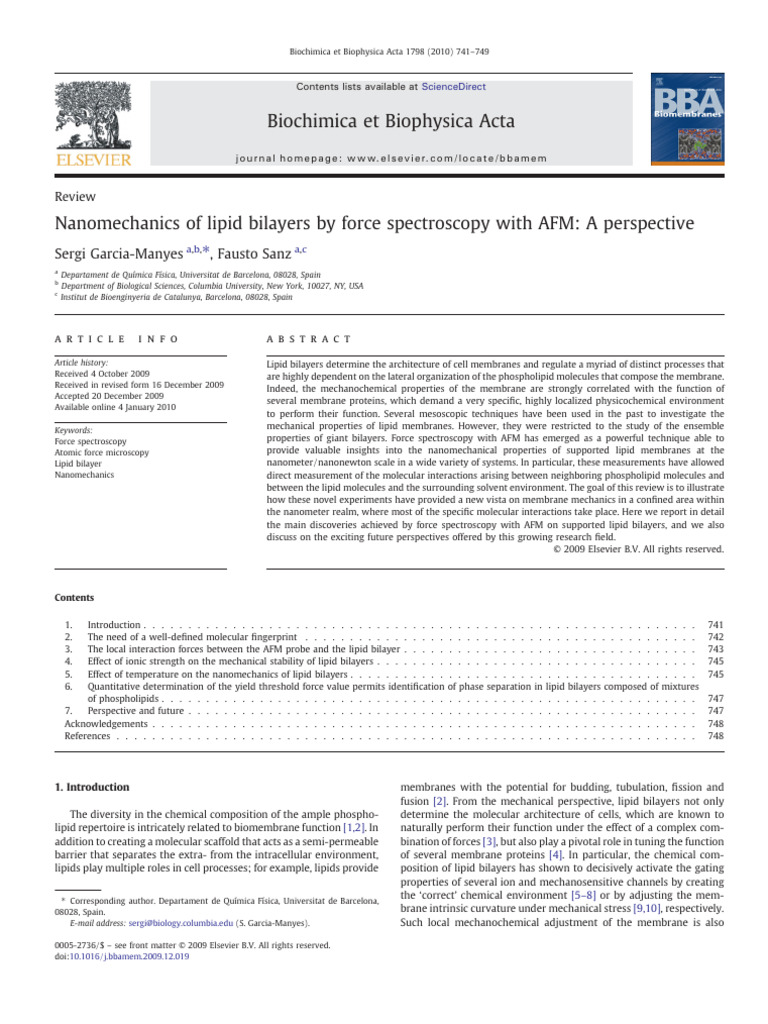 Nanomechanics of Lipid Bilayers by Force Spectroscopy Memo | PDF ...