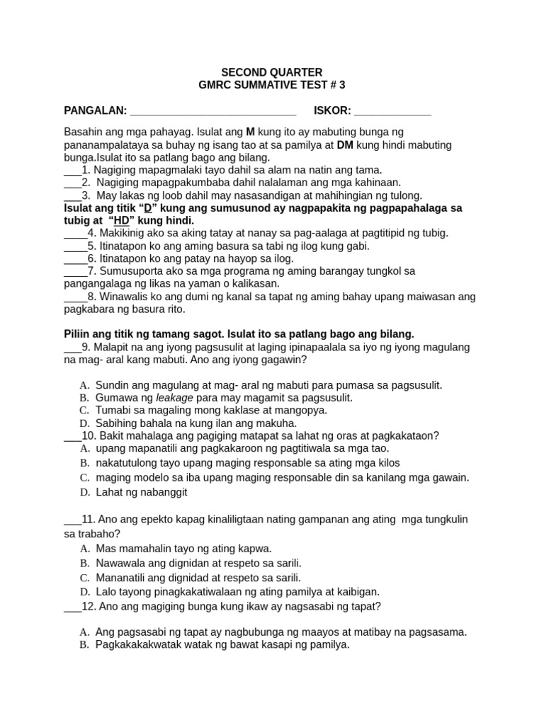 Q2 GMRC Summative Test # 3 | PDF