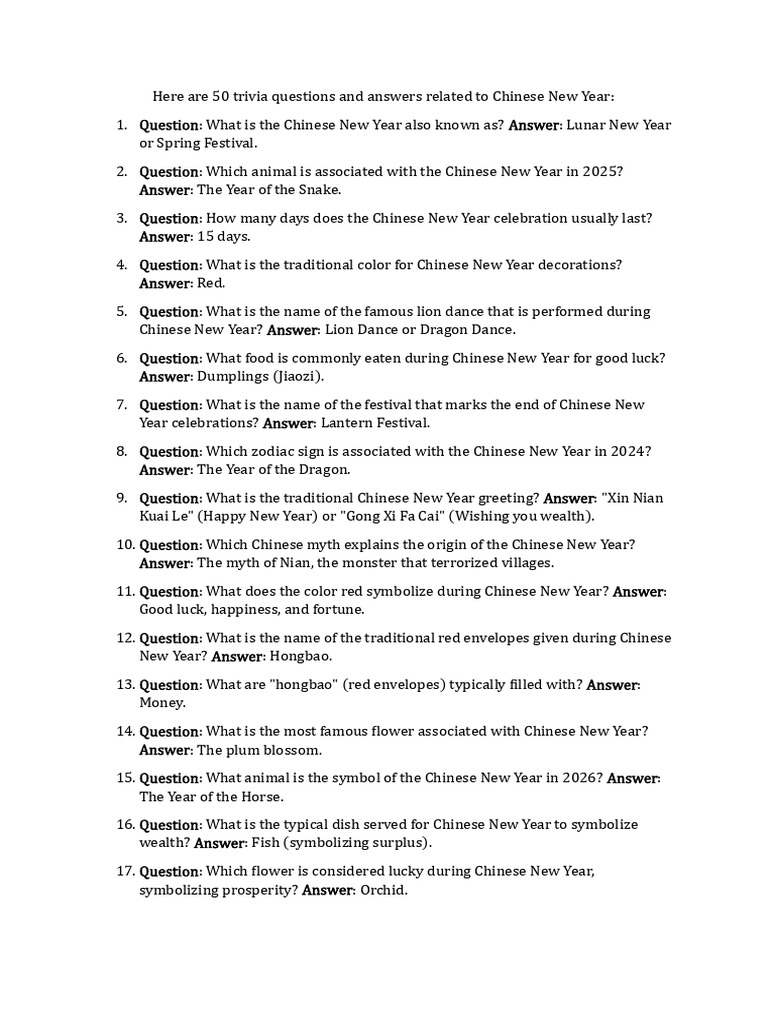 50 Chinese New Year Trivia Questions | PDF