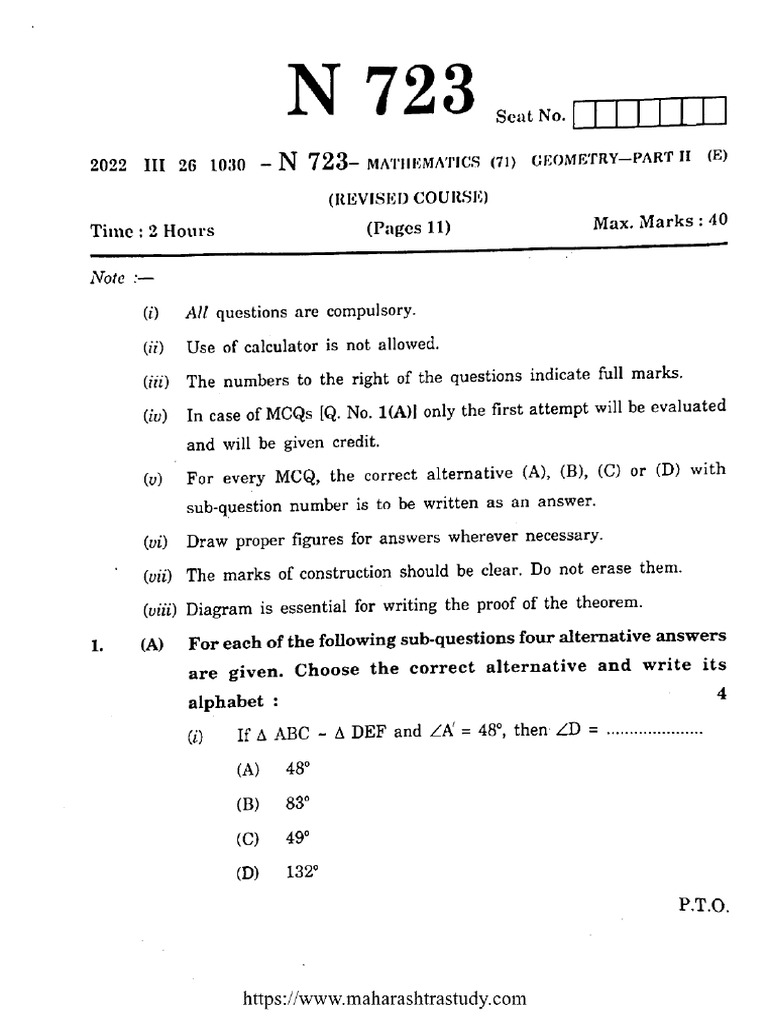 MH Board Class 10 Mathematics Geometry N 723 2022 | PDF