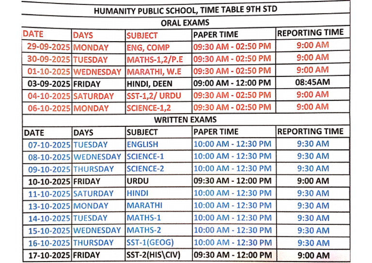 STD 9th Semester Timetable | PDF