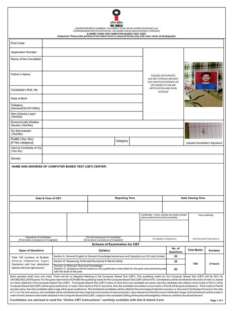 Admit Card | PDF | Identity Document