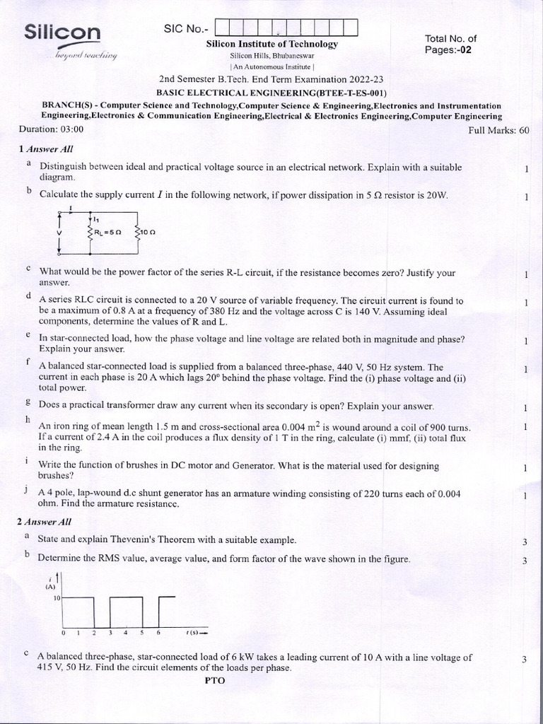 2nd Sem - 2022-23 - End Term Exam - Basic Electrical Engineering (Btee-T-Es-001) | PDF