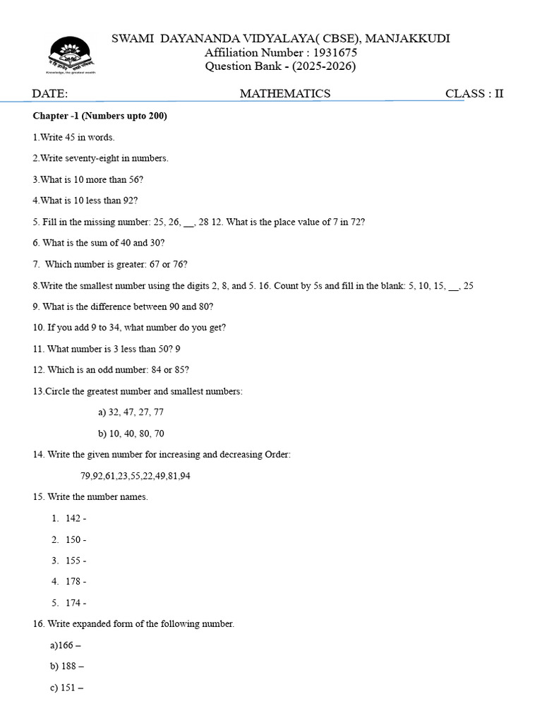 Class 2 Question Bank 25-26 | PDF | Multiplication | Numbers
