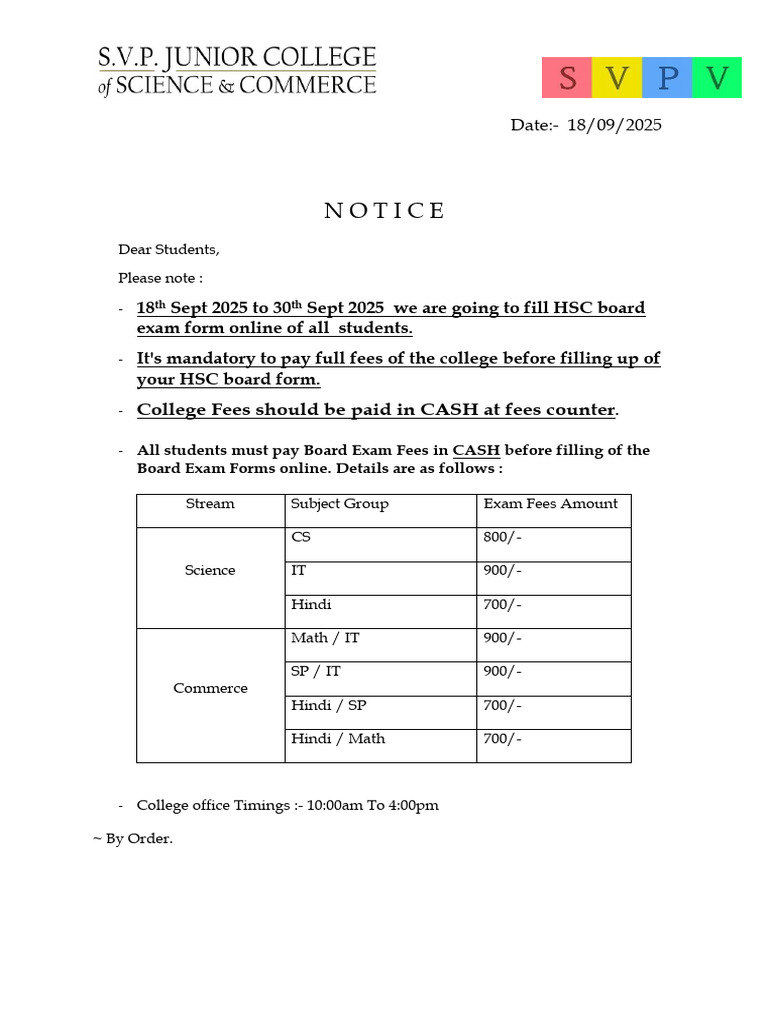 Regarding HSC Board Forms Fees Letter | PDF