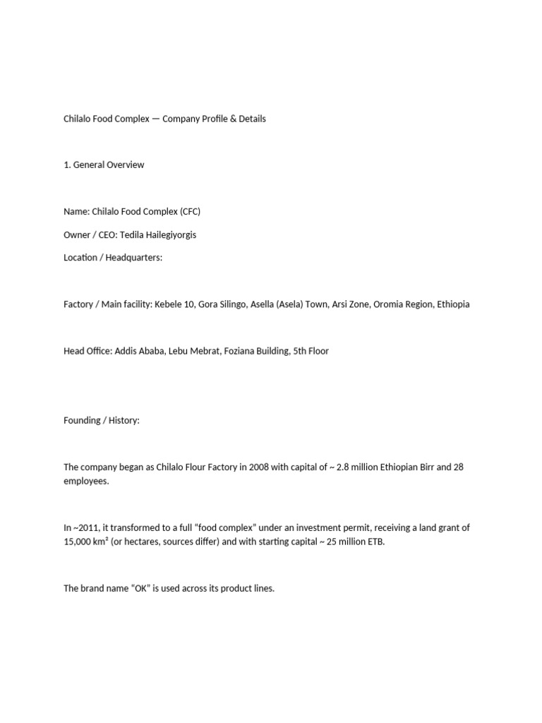 Chilalo Food Complex Overview | PDF | Pasta | Supply Chain