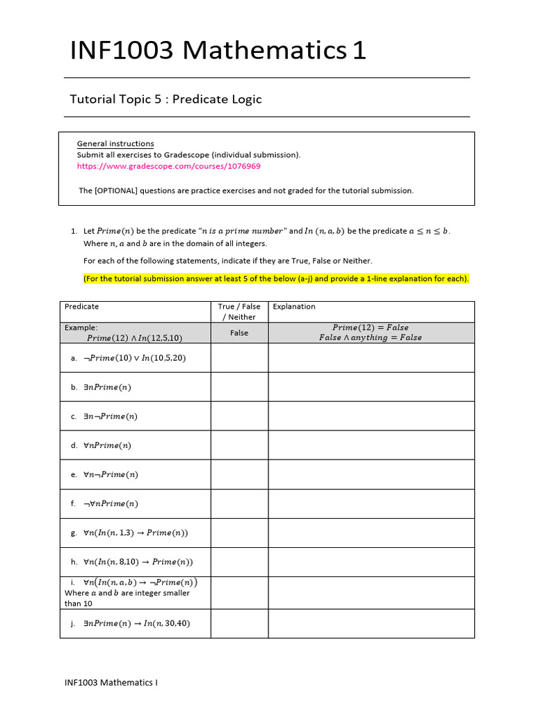 INF1003 Topic 5 Tutorial | PDF | First Order Logic | Logic