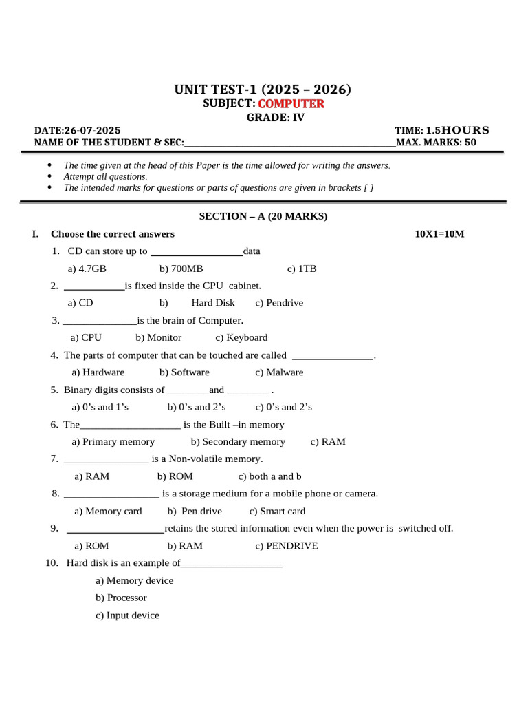 Grade IV Computer Unit Test 2025 | PDF | Computer Data Storage | Random ...