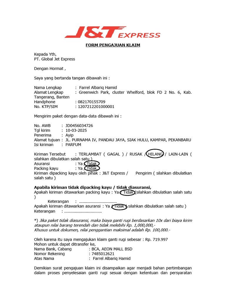 Formulir Klaim Ganti Rugi J&T Express | PDF