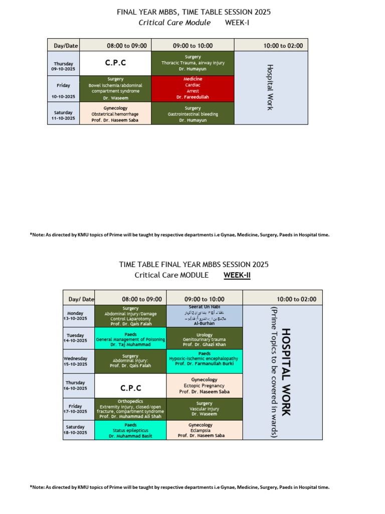Final Year MBBS 2025 Critical Care Timetable | PDF | Medical ...
