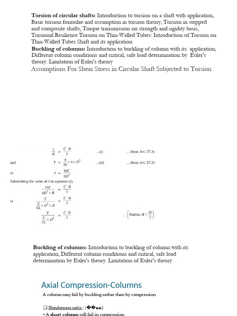 UNIT IV - Torsion in Shafts, Columns & Struts | PDF | Buckling | Column