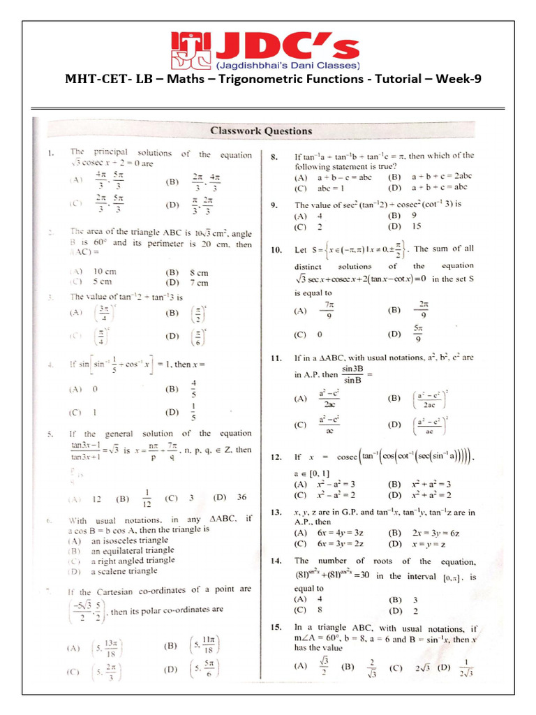 Mht Cet Lb Maths Trigonometric Functions Tutorial Week 9 Pdf