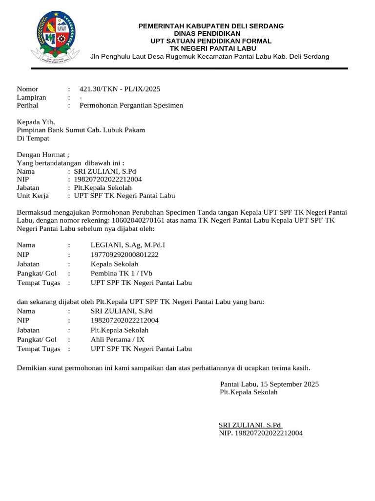 Surat Permohonan Ganti - Specimen | PDF