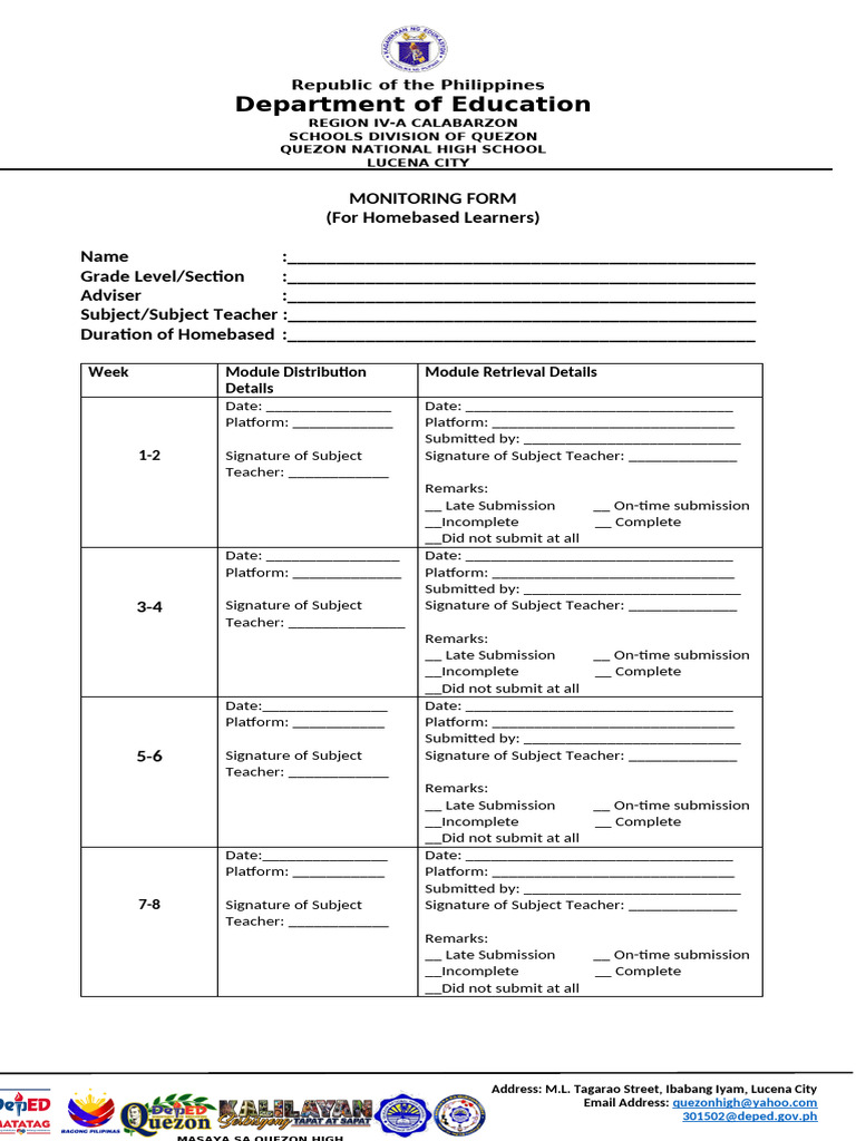 Monitoring Form For Home-Based Learners | PDF | Philippines