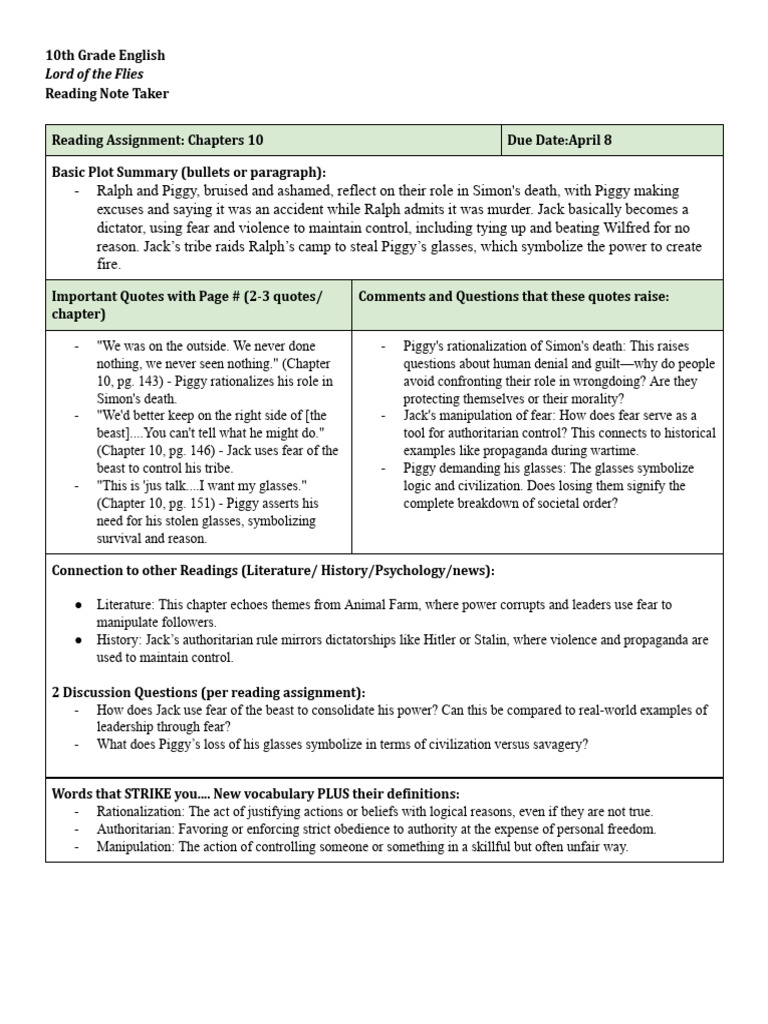 CH 10 LOTF - Reading Note Taker | PDF