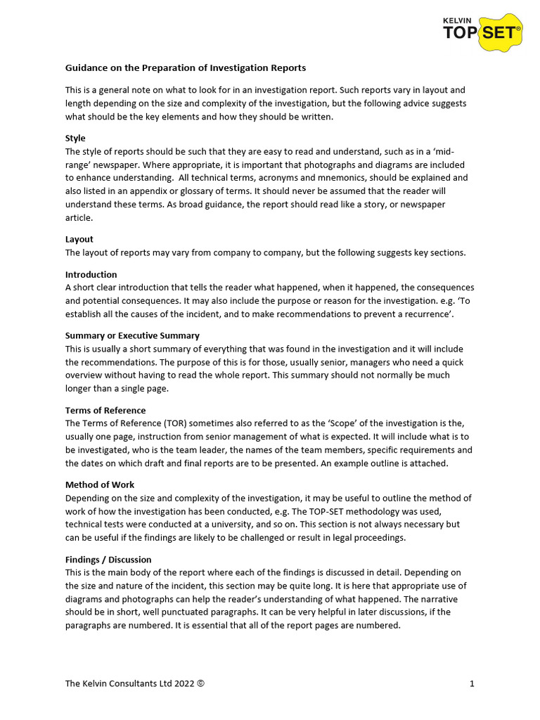 2. Kelvin TOP-SET Incident Report Preparation Guidance | PDF