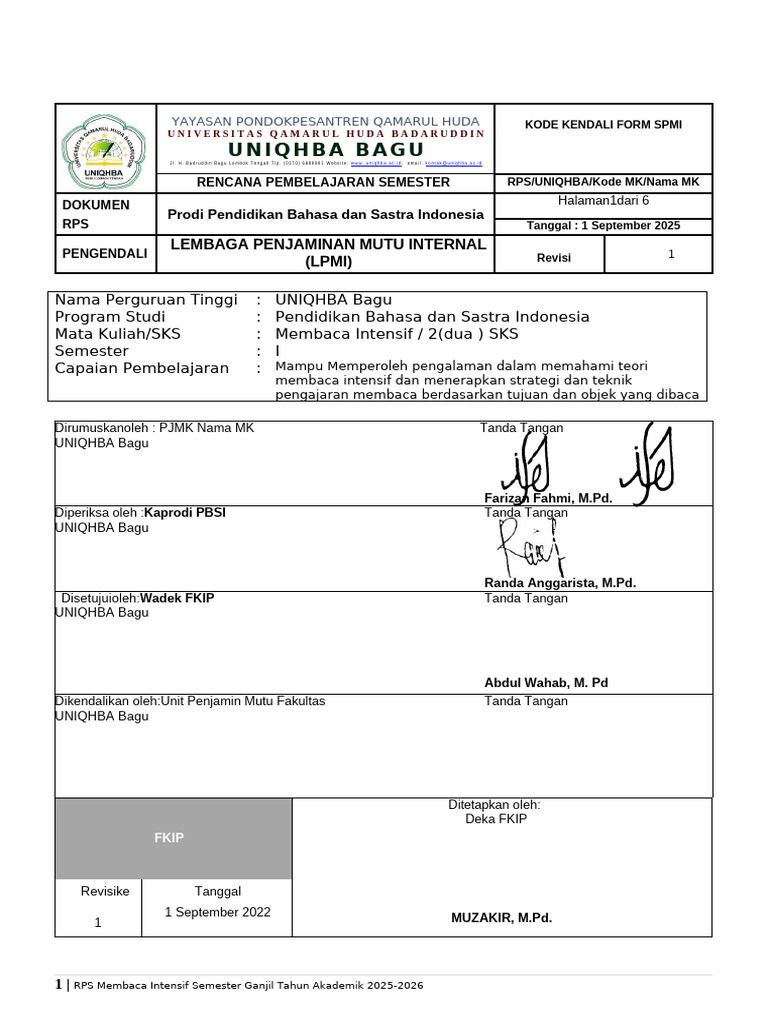 RPS Membaca Intensif UNIQHBA 2025 | PDF