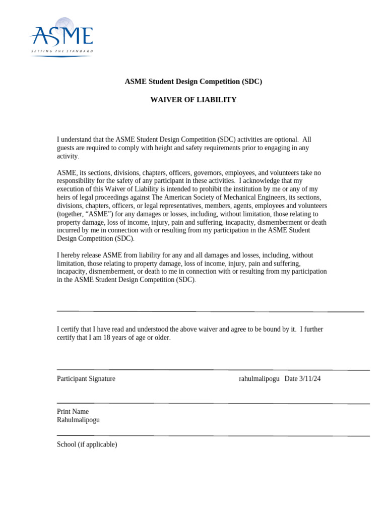 ASME SDC Liability Waiver Form | PDF