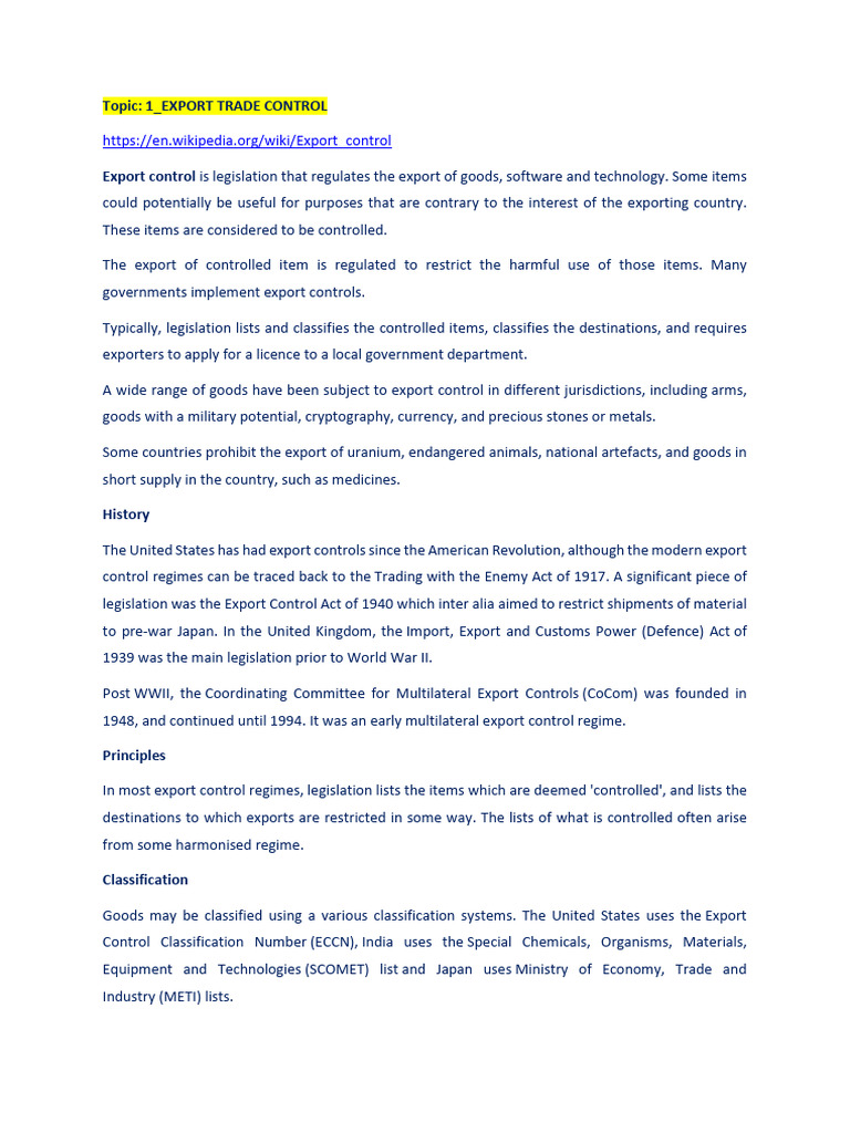 Export Trade Control Overview | PDF | Trade | Business