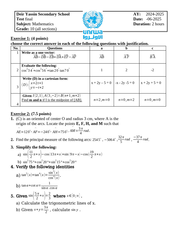 Grade 10 Mathematics Final Exam SEN 2024 2025 | PDF | Line (Geometry ...