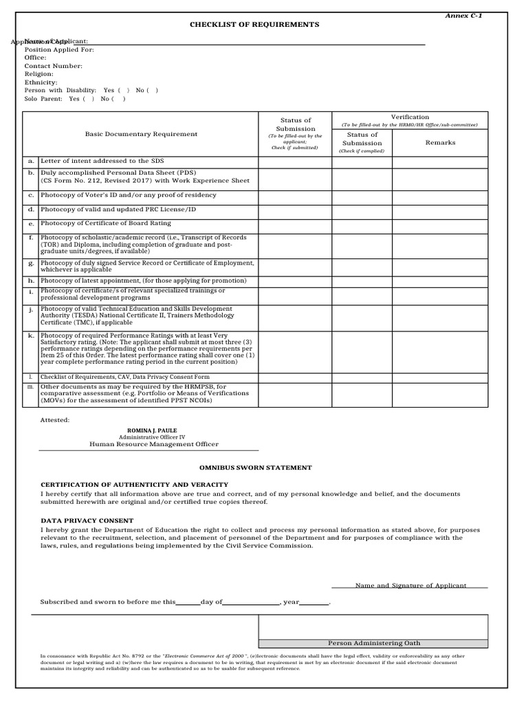 Annex C 1 Checklist of Requirements and Omnibus Sworn Statement | PDF