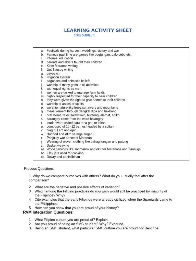 LEARNING ACTIVITY SHEET 2 UCSP | PDF | Anthropology | Liberal Arts ...