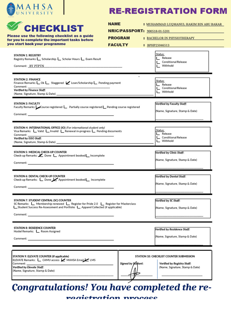 Luqman - Re-Registration Form & Checklist | PDF | Government And Personhood