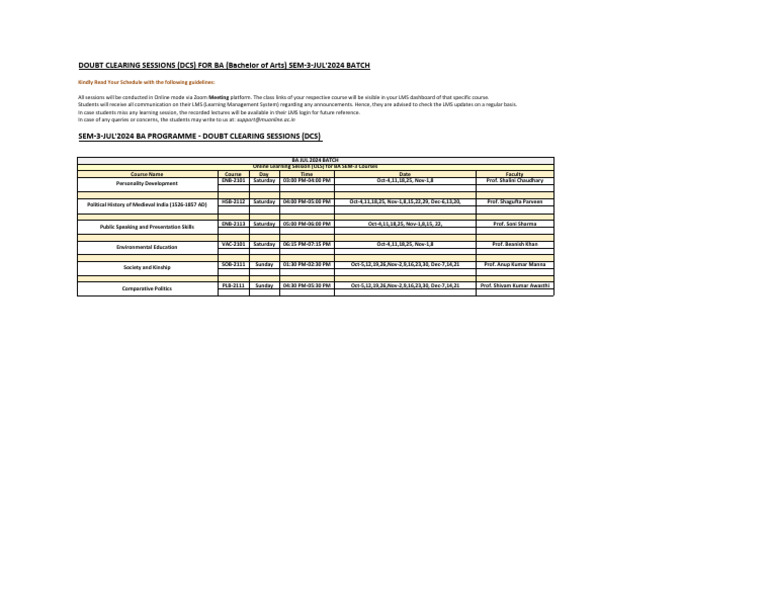 BA Sem-3 Class Schedule July'24 | PDF