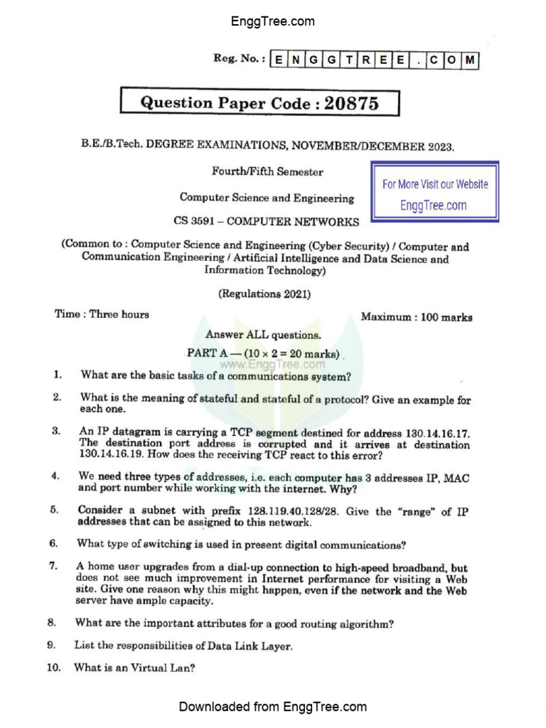 CS3591 Computer Networks Nov Dec 2023 Question Paper Download | PDF