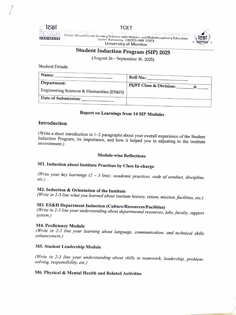 TCET Student Induction Program Report | PDF | Cognition | Learning