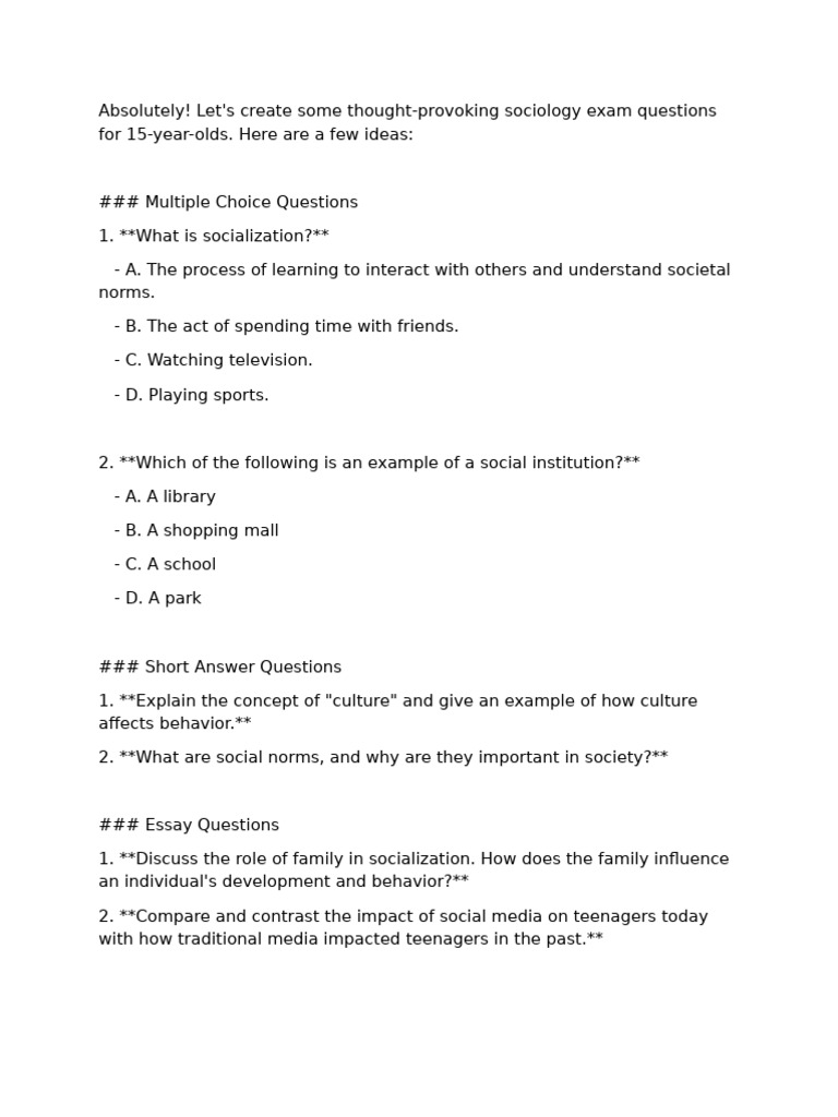 Sociology Exam Questions for Teens | PDF | Socialization | Sociology