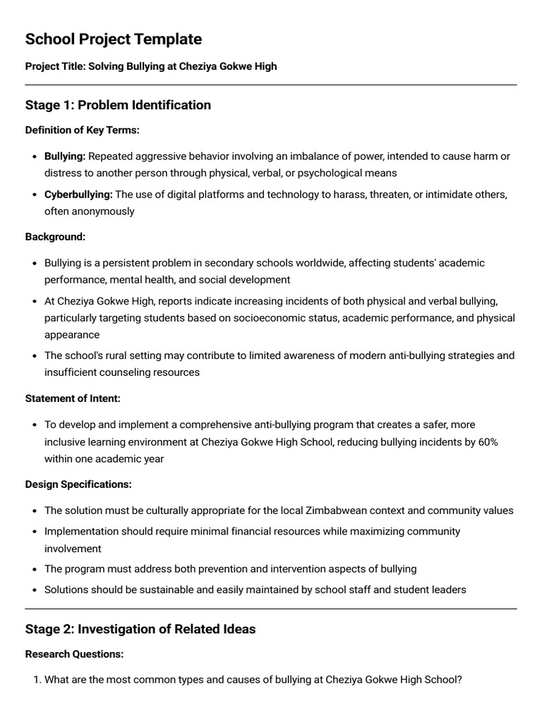 School Project - Solving Bullying at Cheziya Gokwe High | PDF ...