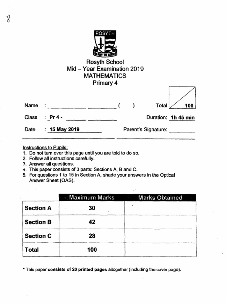 P4 Maths SA1 2019 Rosyth Exam Papers | PDF