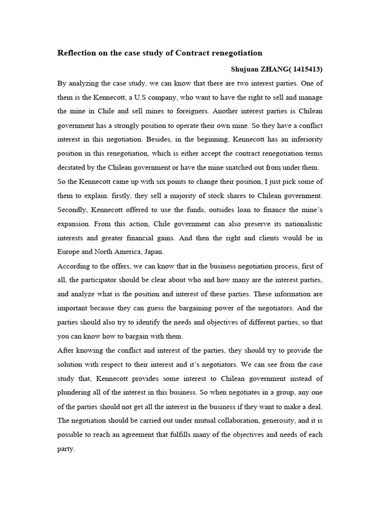 Reflection On The Case Study of Contract Renegotiation | PDF | Negotiation