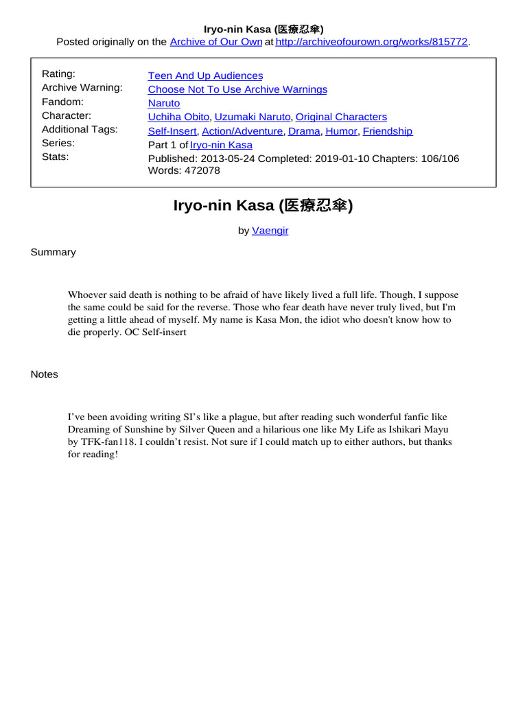 Iryo-nin Kasa: A Naruto Self-Insert Adventure | PDF | Afterlife